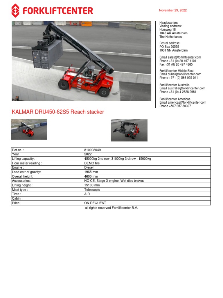 Contact Information and Specifications for a Used 2022 Kalmar DRU450 ...