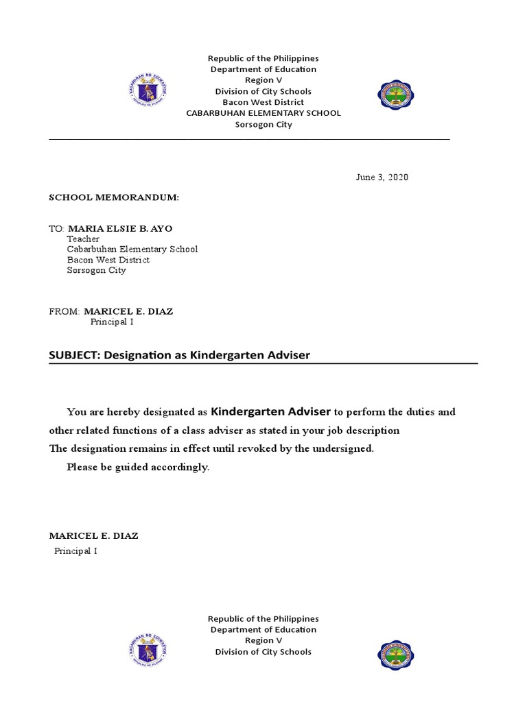 DESIGNATION As Class Adviser 2019-Alet | PDF | Government | Public ...