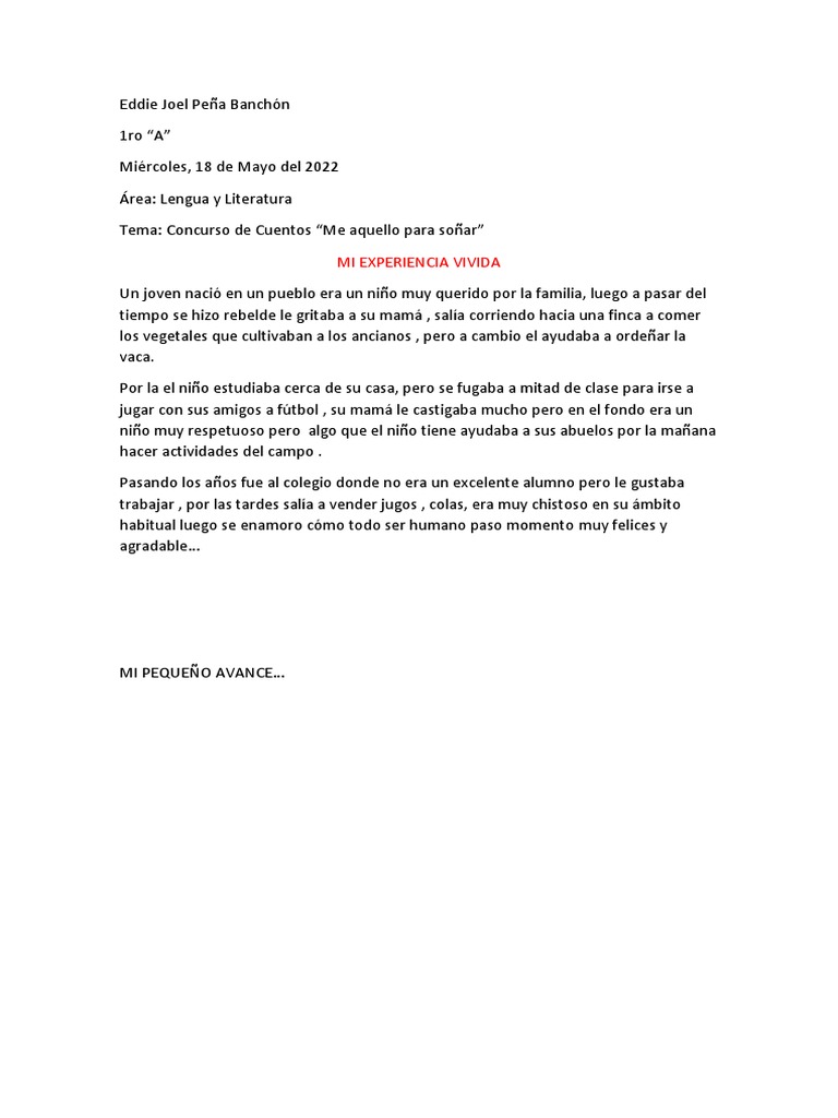 Avance Del Cuento - Eddie Peña 1ro A | PDF