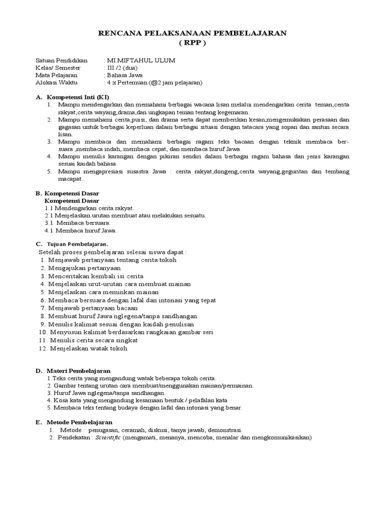 RPP Bahasa Jawa K 13 Kelas 3 Semester 2 | PDF | Seni & Disiplin Bahasa | Sains & Matematika