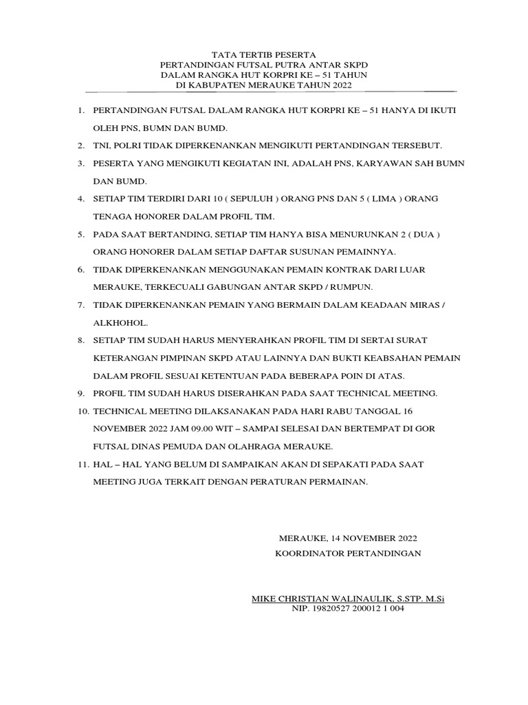 Tatib Pertandingan Futsal Hut Korpri 2022 | PDF