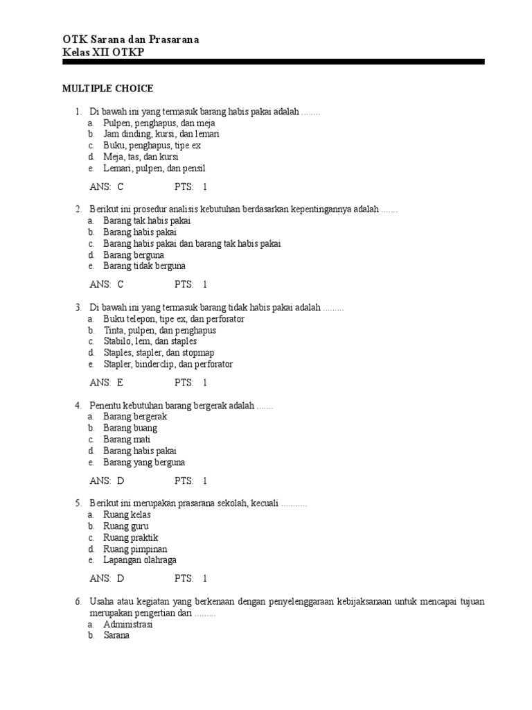 Kisi Kisi Sarana Dan Prasarana Xii Otkp | PDF