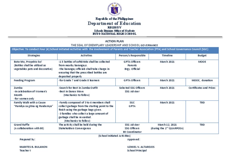 Action Plan - ELSG School Initiated Activities | PDF