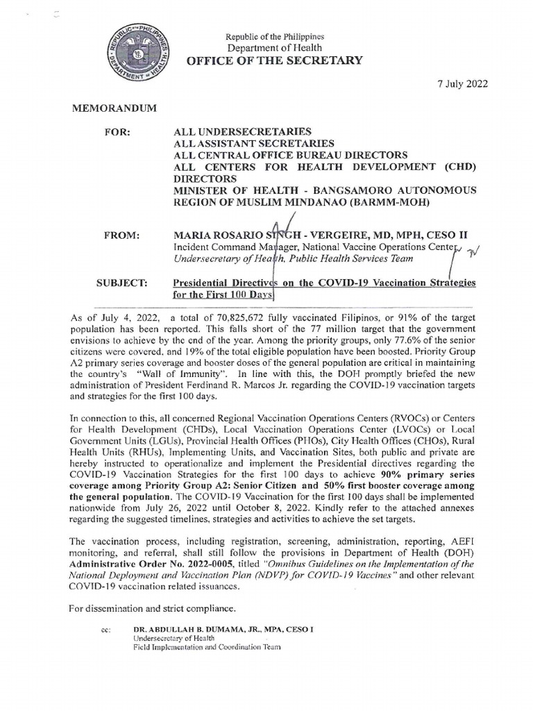 DOH Memo July 7 Presidential Directives On The COVID 19 Vaccination ...