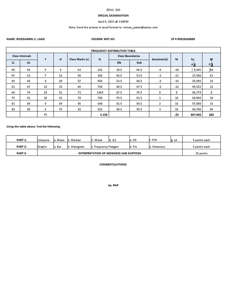 EDUC. 203 Special Exam Frequency Distribution and Data Analysis | PDF | Skewness | Statistical ...