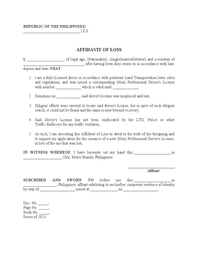 Affidavit of Loss - Driver's License | PDF
