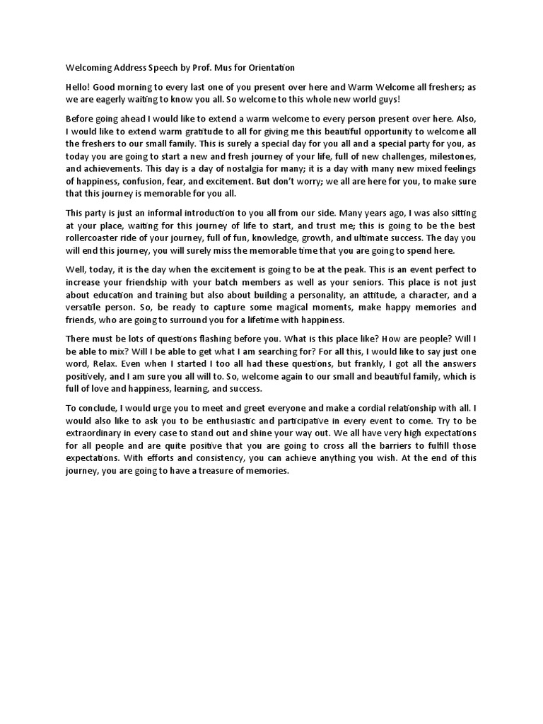 Welcoming Address Speech by Prof. Mus For Orientation | PDF