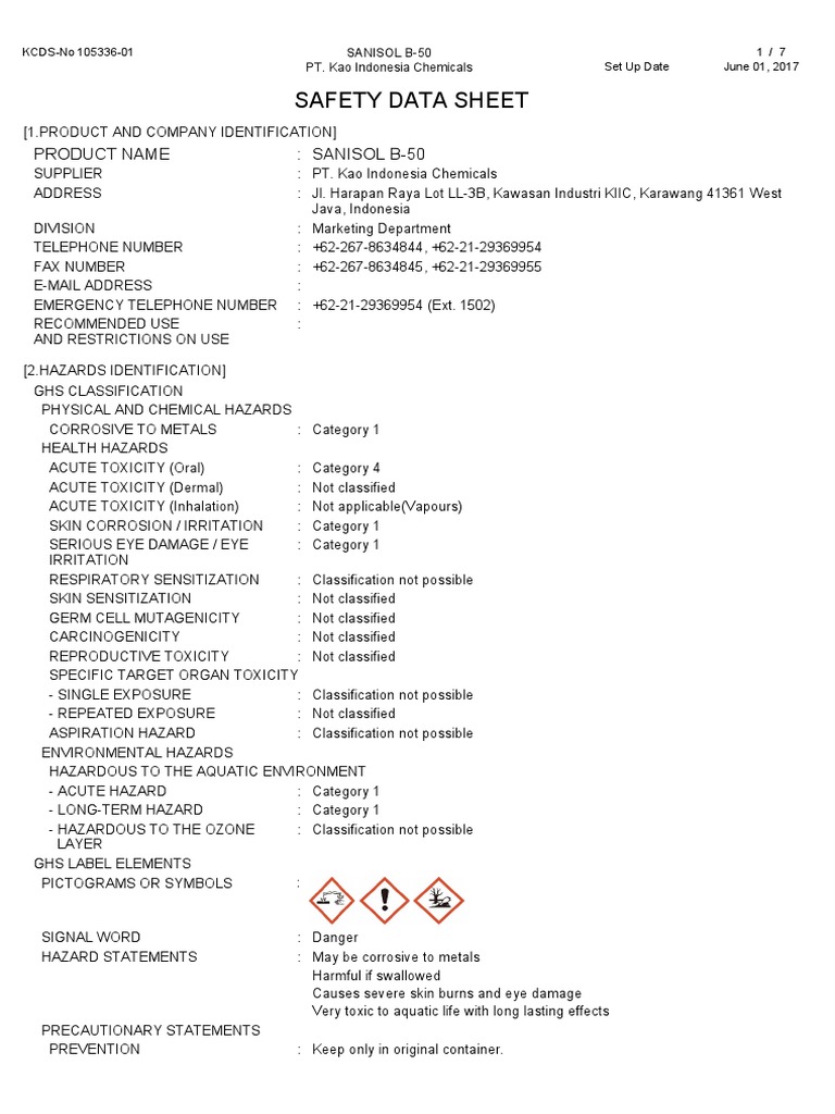 MSDS Sanisol B-50 B0011403et - 01 | PDF | Toxicity | Solubility