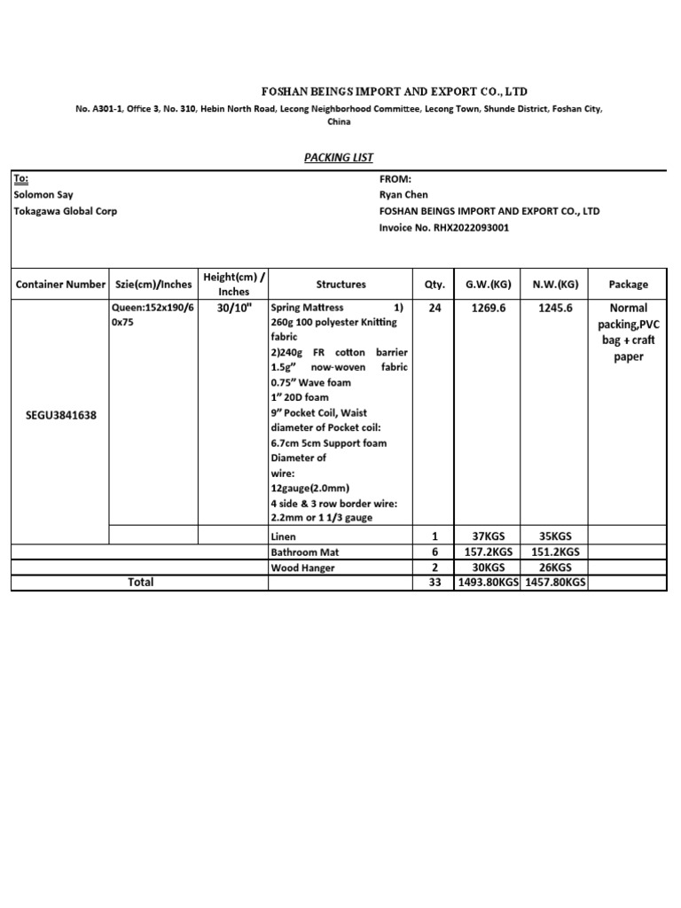Packing List: 30/10" 24 1269.6 1245.6 Normal Packing, PVC Bag + Craft ...
