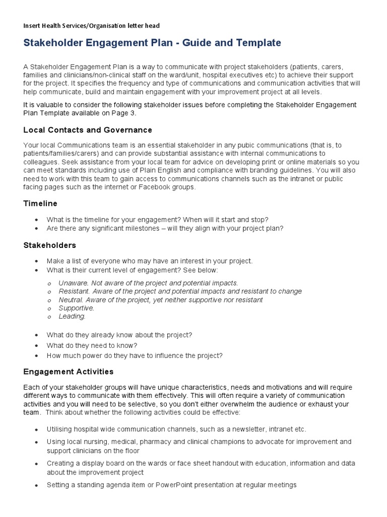Stakeholder Engagement Plan Guide and Template | PDF | Health Care ...