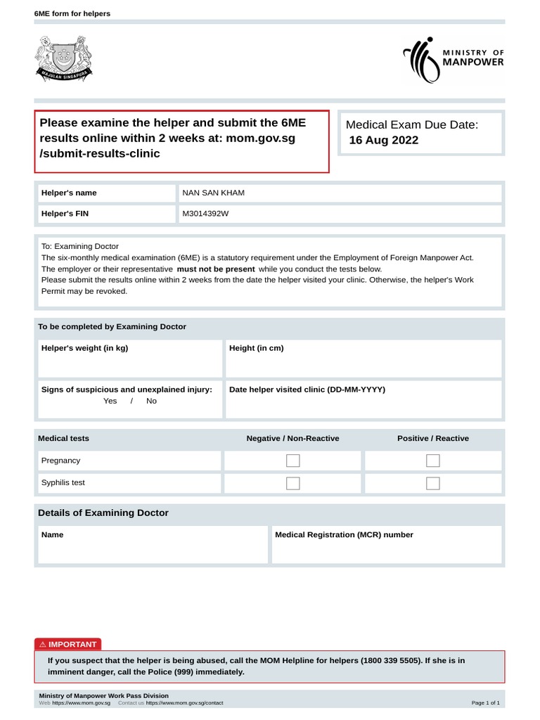 Please Examine The Helper and Submit The 6ME Results Online Within 2 ...