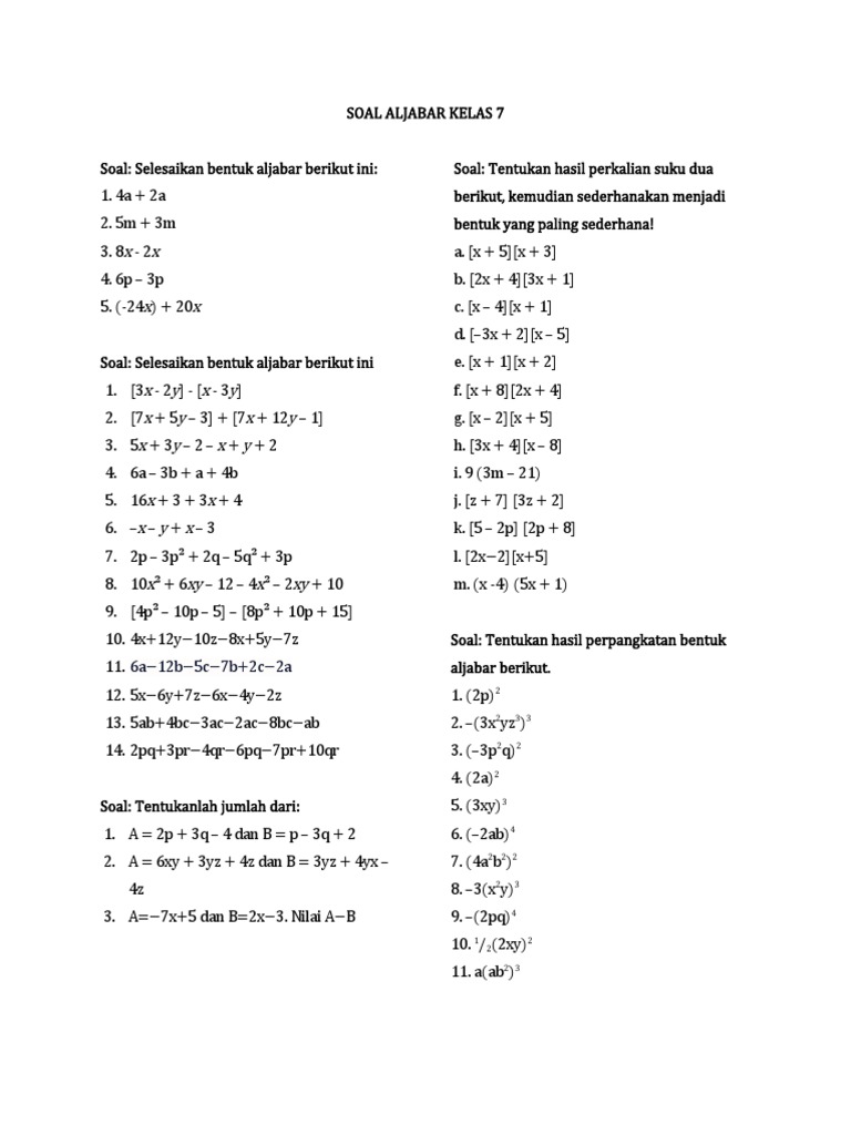 Soal Aljabar Kelas 7 | PDF | Metode & Bahan Ajar