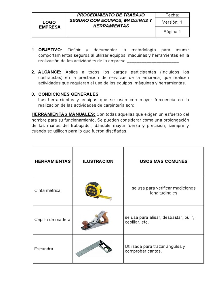 PTS Procedimiento de Trabajo Seguro Con Equipos, Maquinas y Herramientas | PDF | Herramientas ...