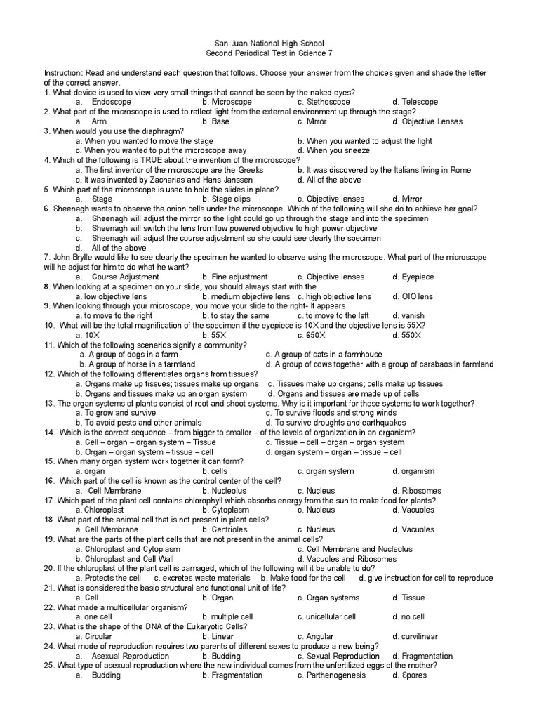 San Juan National High School Science Test Review | PDF | Sexual ...