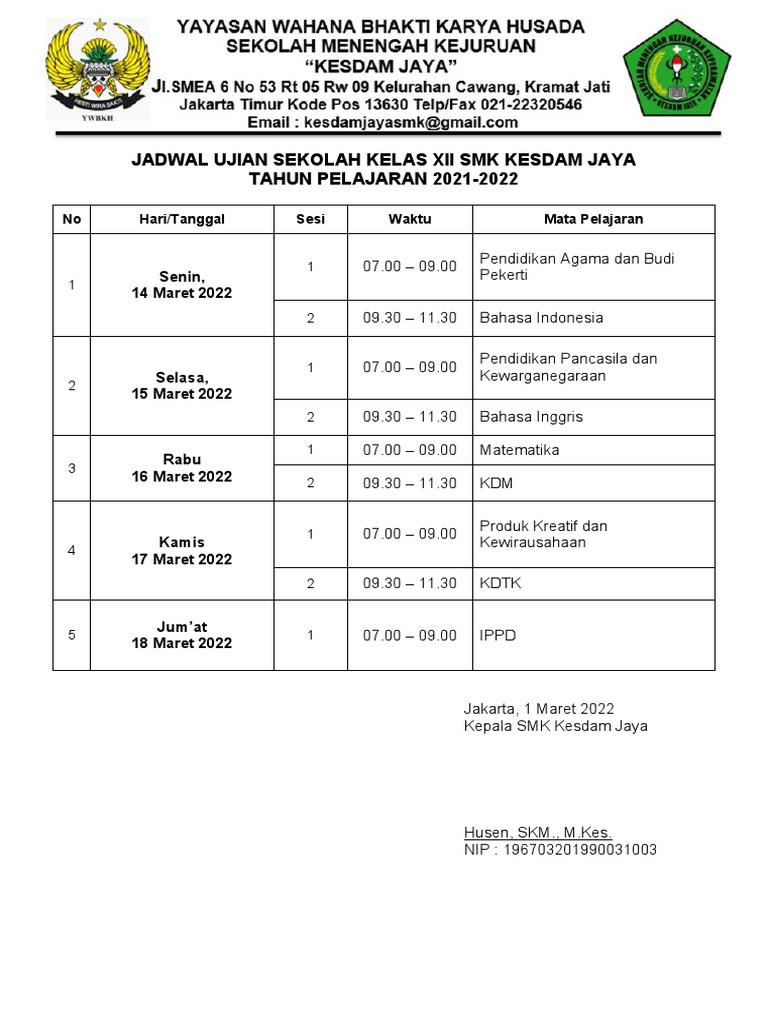 Jadwal Ujian Sekolah | PDF
