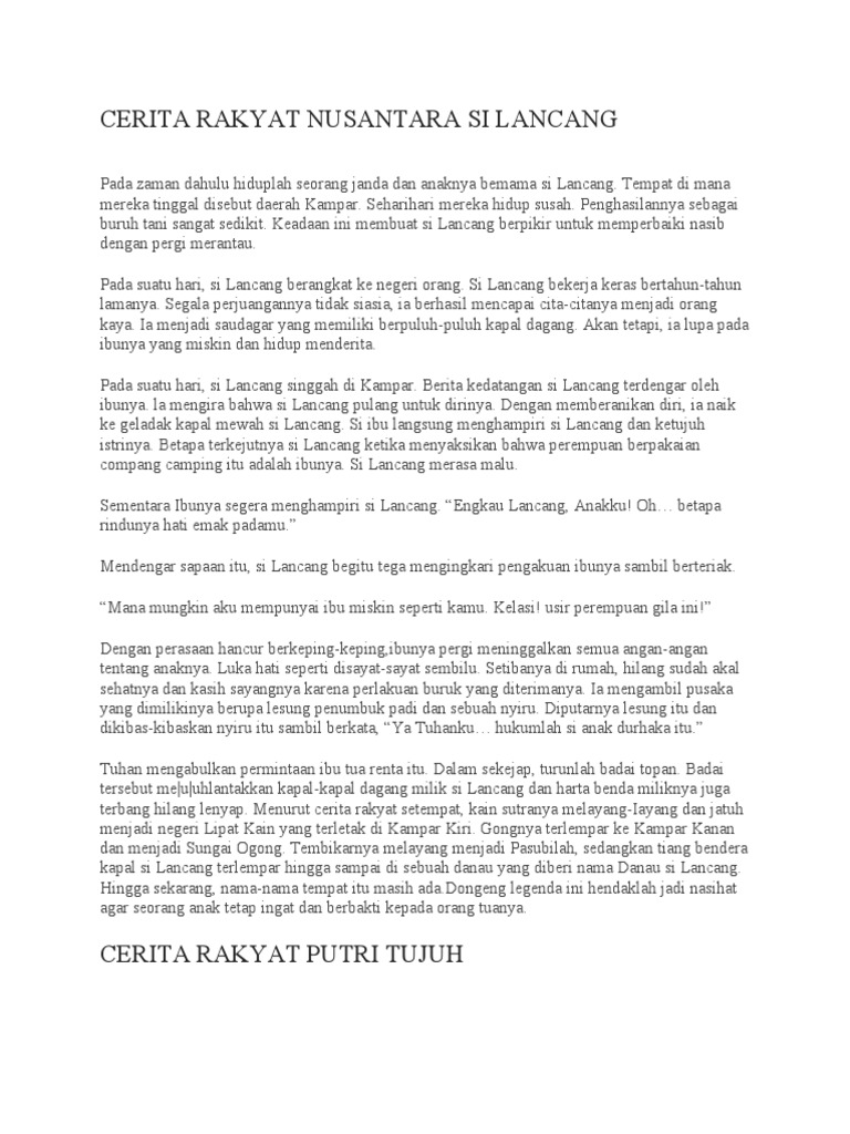 Cerita Rakyat Nusantara Si Lancang | PDF