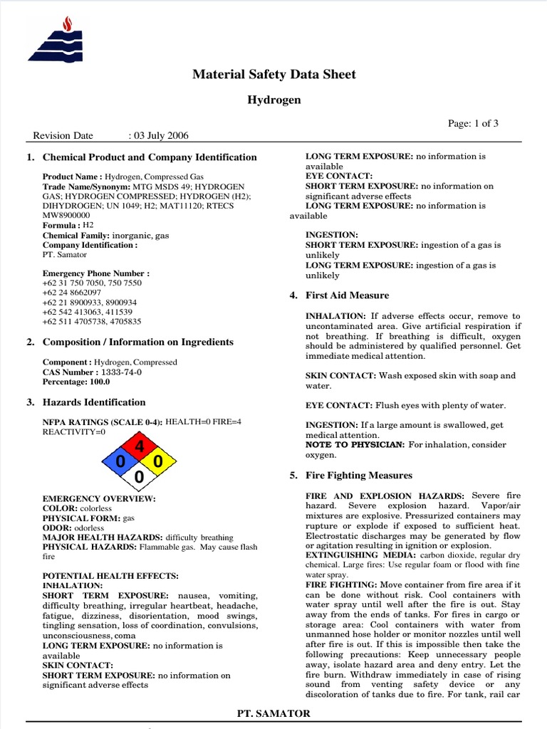 Hydrogen MSDS - Safety Information | PDF | Combustion | Water
