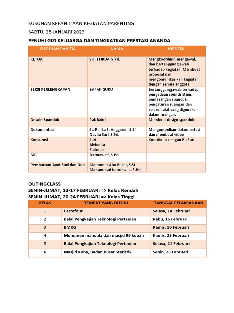 Susunan Kepanitiaan Kegiatan Parenting | PDF