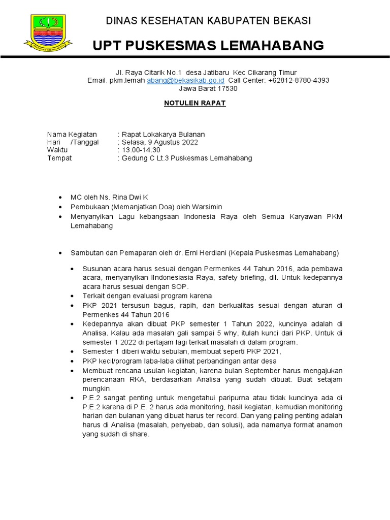 Notulen Rapat Bulanan Program Kesehatan Puskesmas Lemahabang | PDF