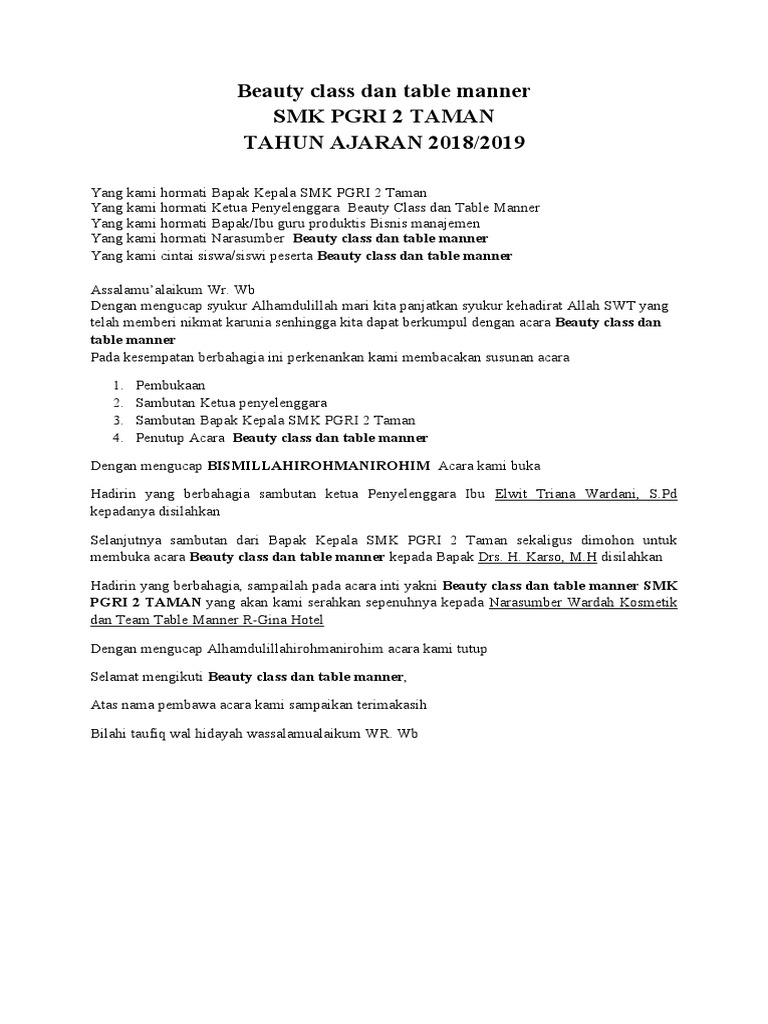 SUSUNAN ACARA Beauty Class | PDF