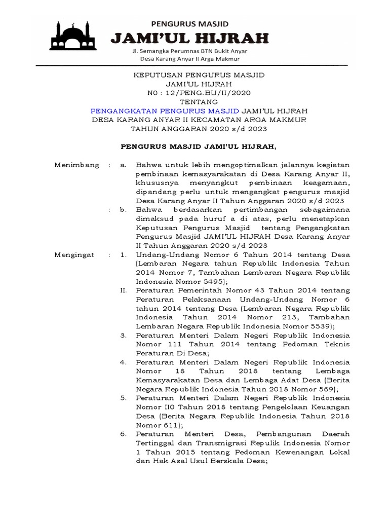 SK Pengurus Masjid Terbaru | PDF