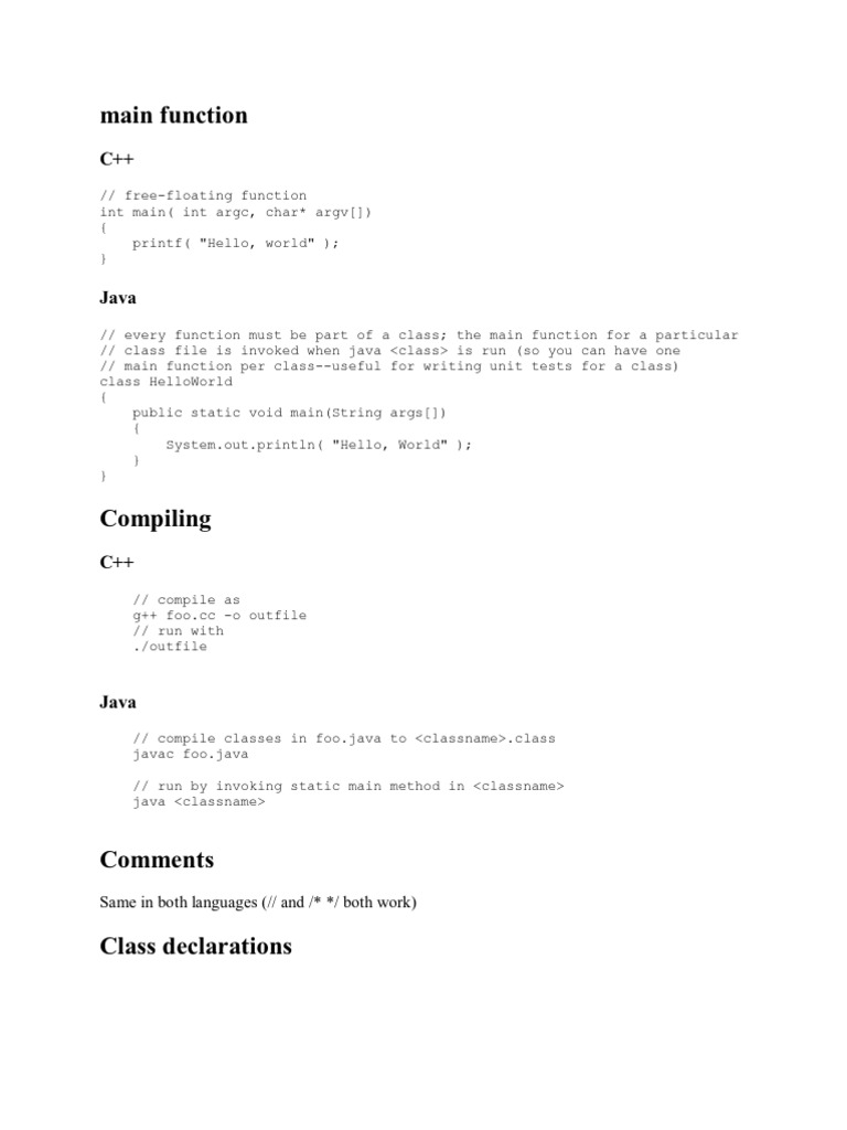Codes Difference BTW Java and C++ | PDF