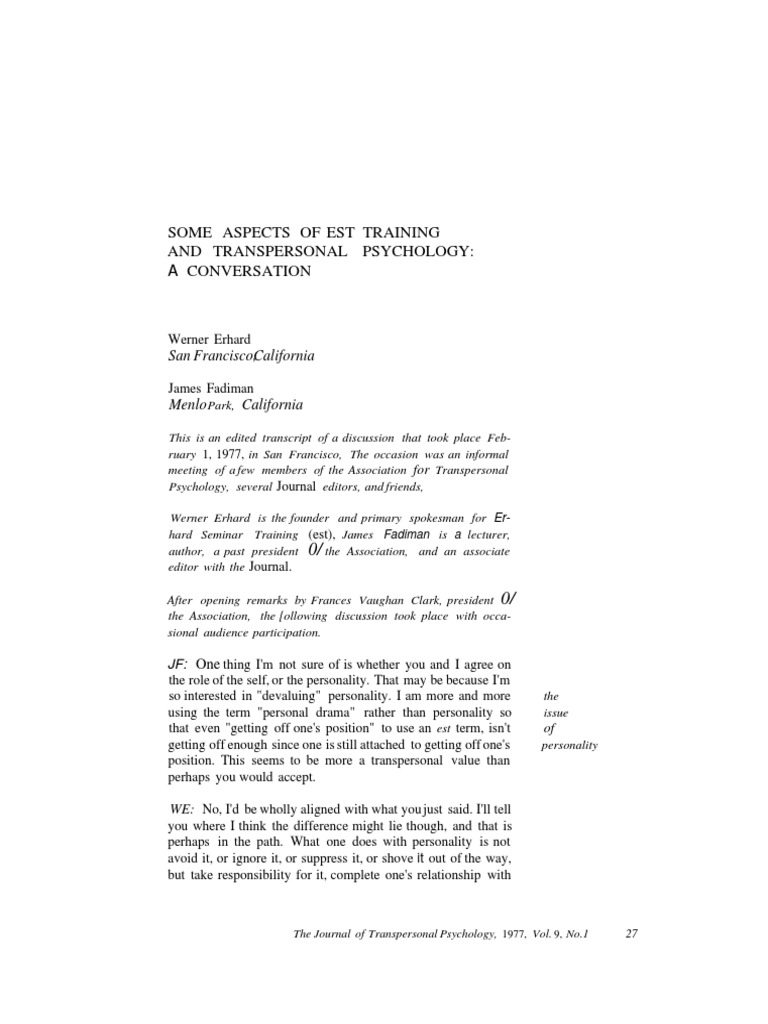 Erhard, W., & Fadiman, J. (1977) Some Aspects of Est Training and ...