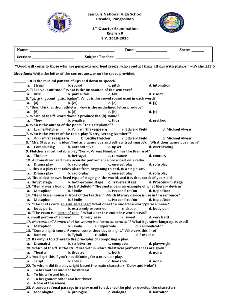 Grade 9 3rd Exam | PDF | Characters In Romeo And Juliet | Syntax