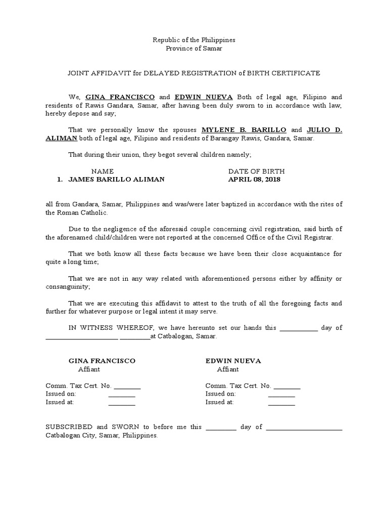 Affidavit For Delayed Registration of Birth Certificate | PDF