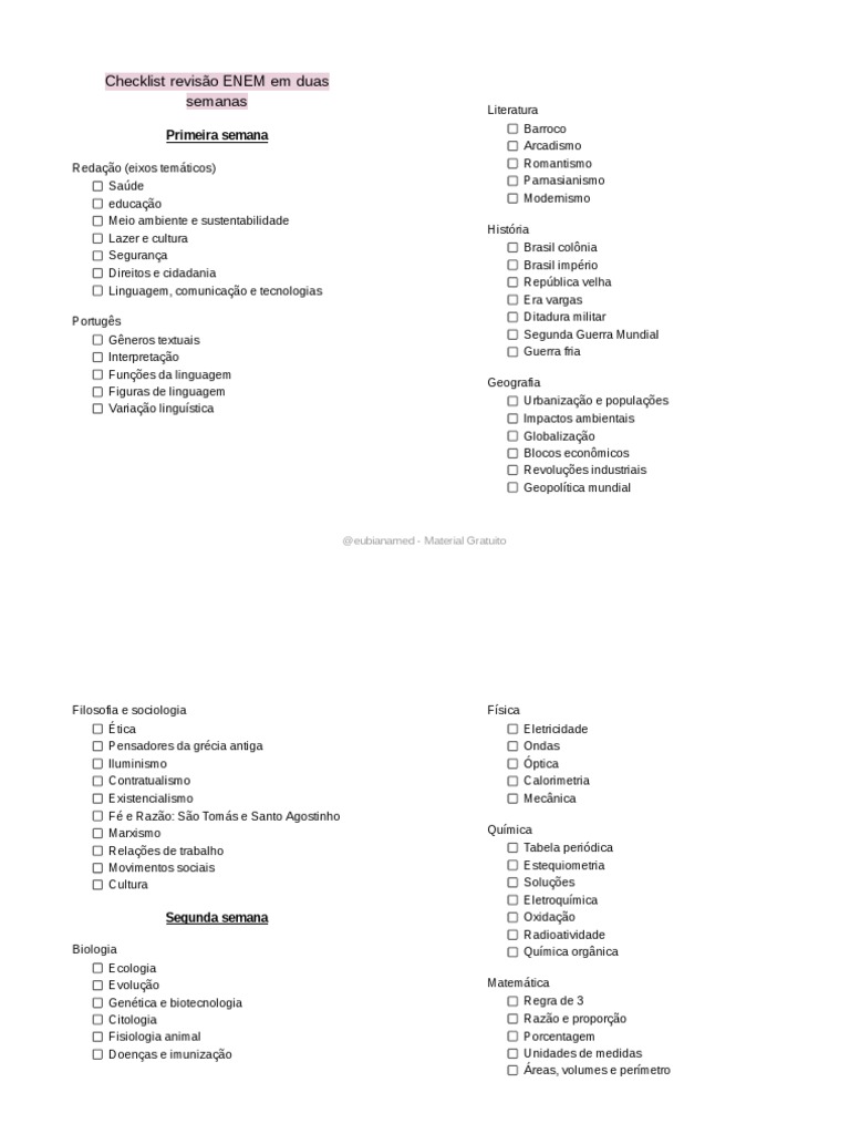 Checklist Revisão ENEM | PDF