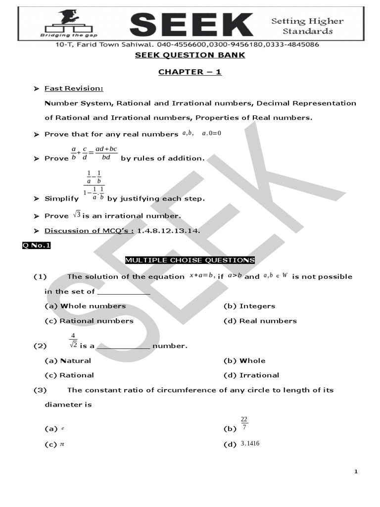 F.sc.I Math Question Bank CH# 1 | PDF | Numbers | Complex Number