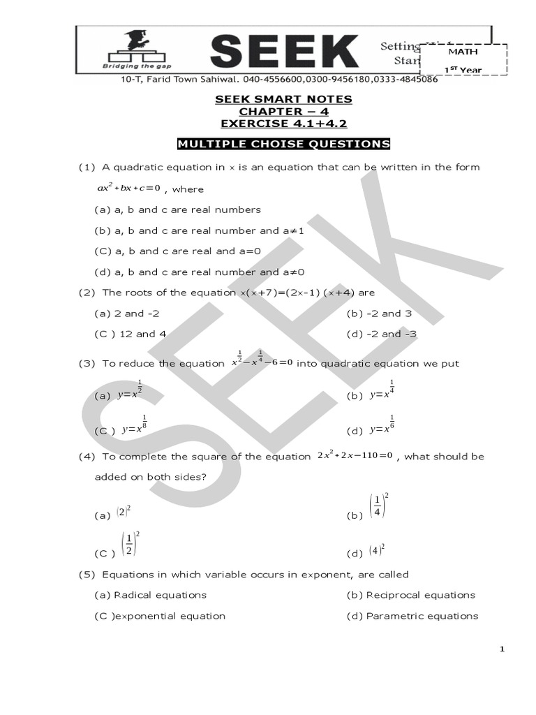 F.sc.I Math Question Bank CH# 4 | PDF | Equations | Factorization