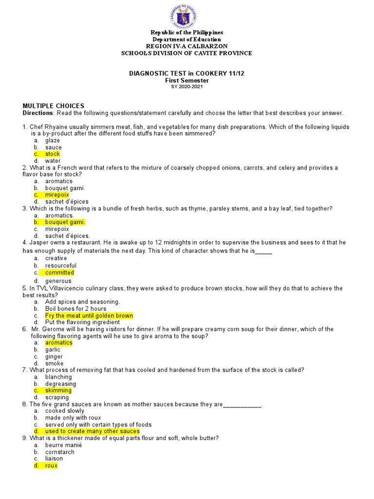 Key To Correction Diagnostic Test Cookery 11 12 | PDF | Starch | Seafood