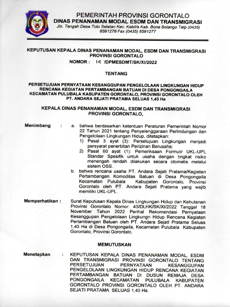 Persetujuan Lingkungan Pt. Andara Sejati Pratama | PDF