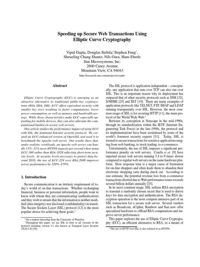 Speeding Up Secure Web Transactions Using Elliptic Curve Cryptography