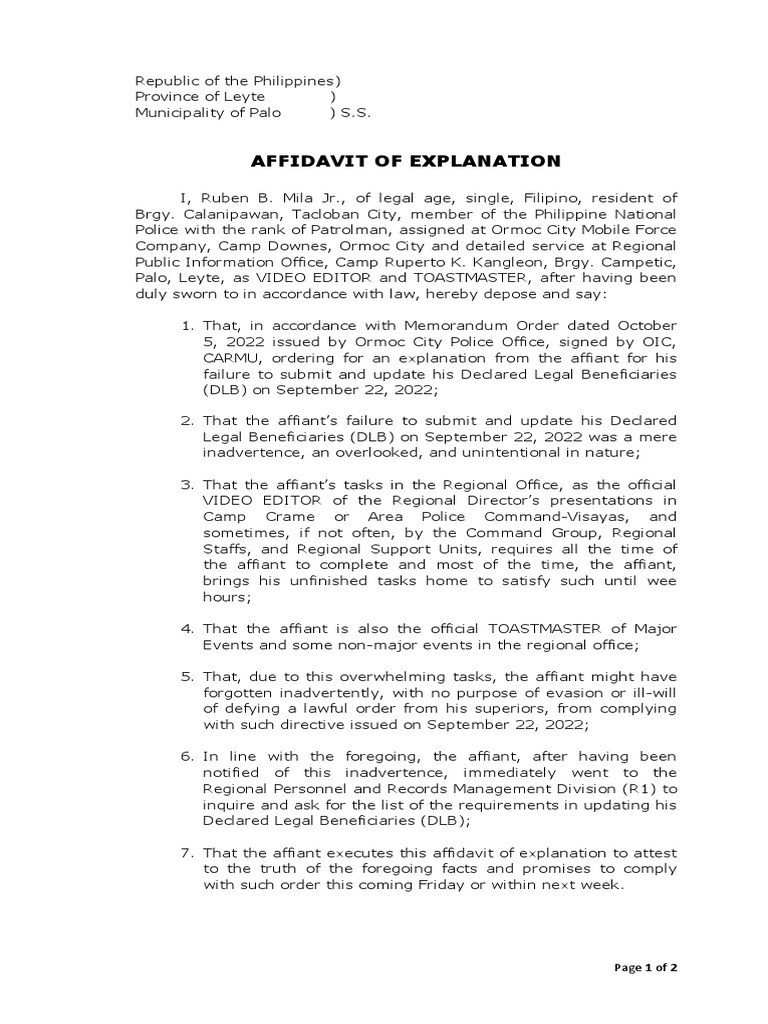 Affidavit of Explanation | PDF | Affidavit | Legal Procedure