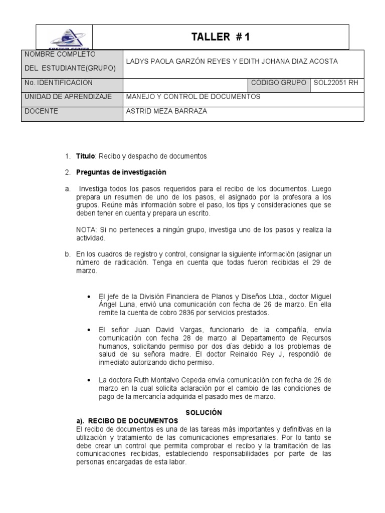 Taller # 1. Recibo y Despacho de Documentos | PDF