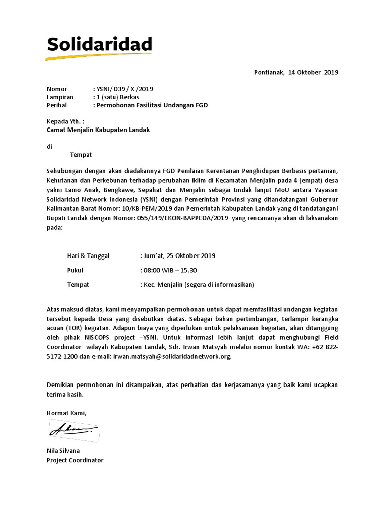 Surat Permohonan Fasilitasi Dan TOR Menjalin-Landak | PDF