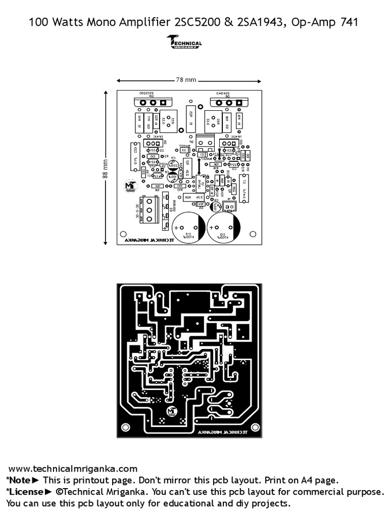 100 Watts Mono Amplifier Using 2SC5200 & 2SA1943, Op-Amp 741 | PDF