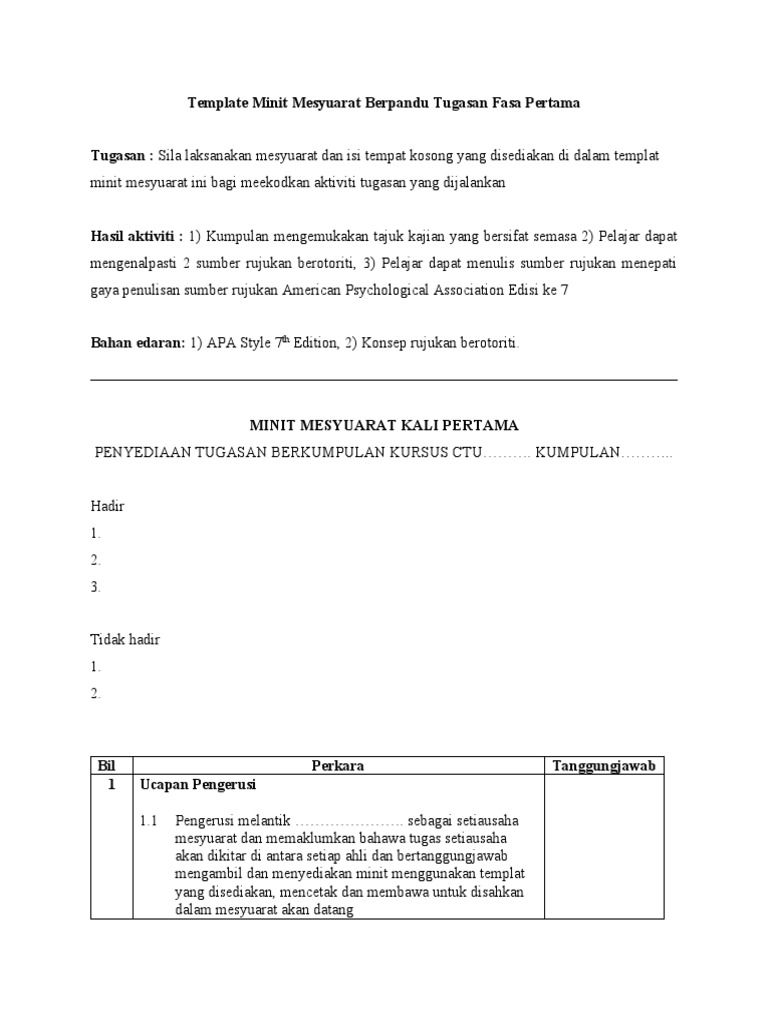 CTU101 Template Minit Mesyuarat Berpandu (Kosong) | PDF