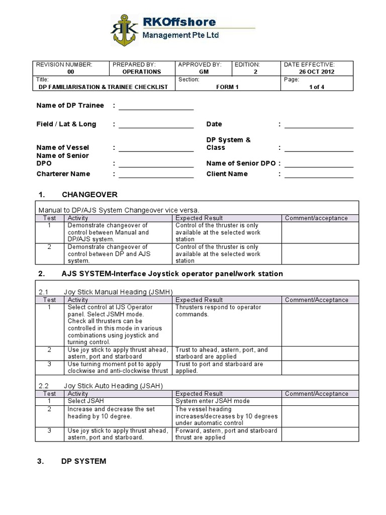 DP - Form 1 DP Familiarisation & Trainee Checklist Rev0 | PDF
