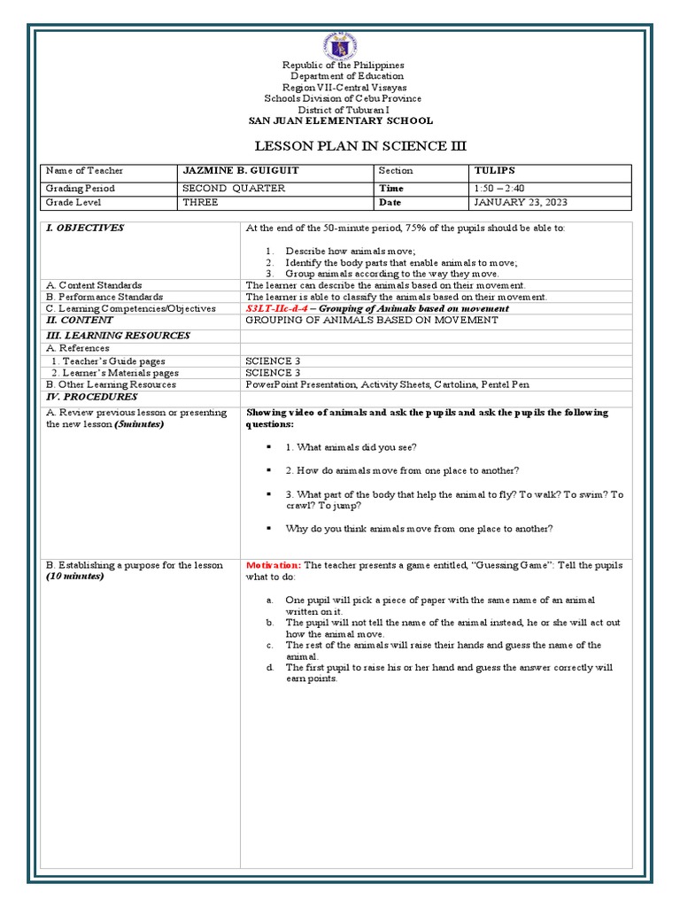 Science Lesson Plan: Animal Movement | PDF | Learning | Teachers