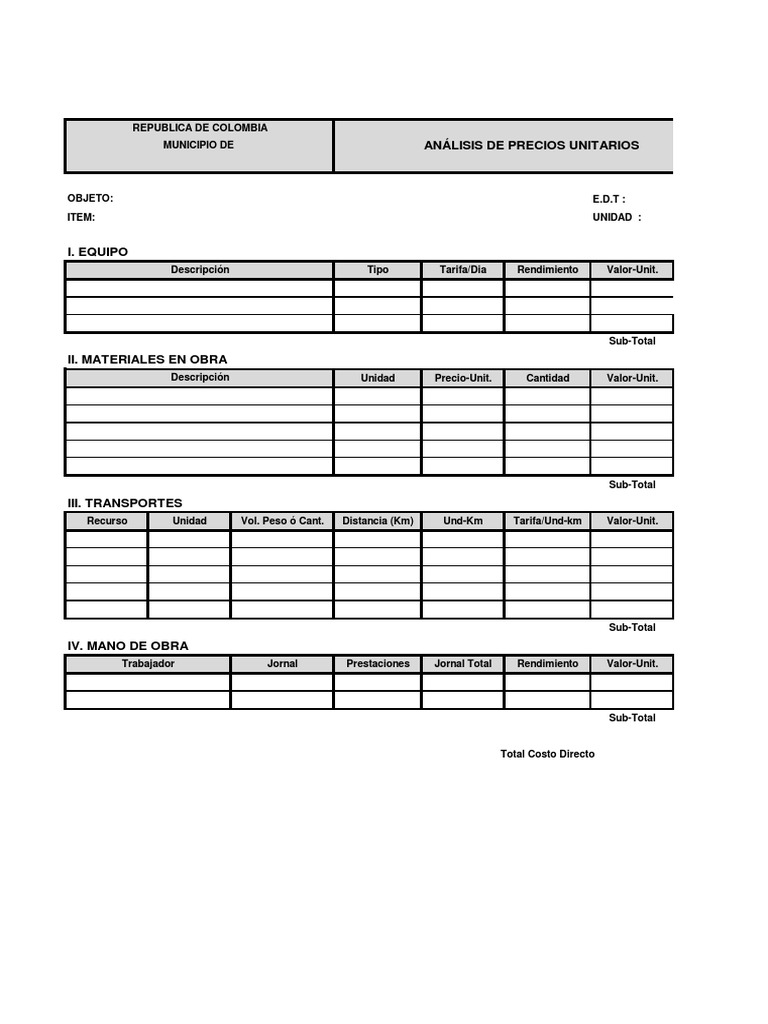 Análisis de precios unitarios Colombia municipio construcción | PDF
