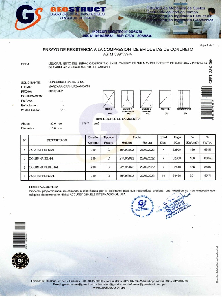 Ensayos de Resistencia A La Compresión de Concreto | PDF