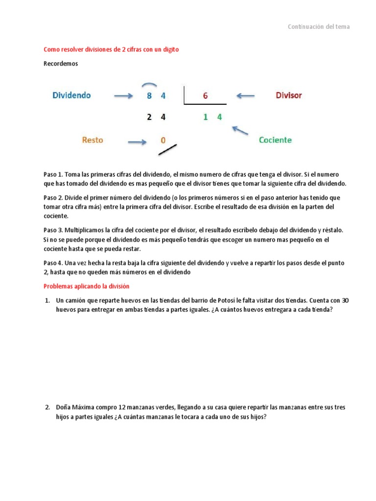 Como Resolver Divisiones de 2 Cifras Con Un Digito | PDF | División ...
