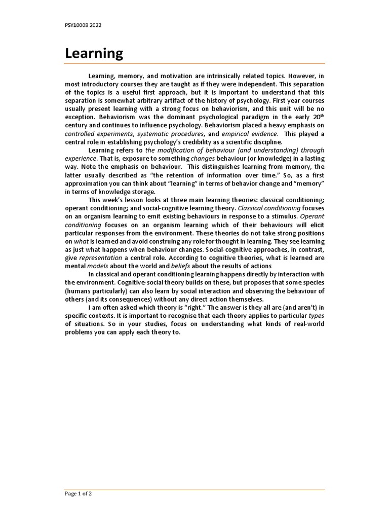 PSY10008 Learning Lesson Outline 2022 | PDF | Learning | Behaviorism