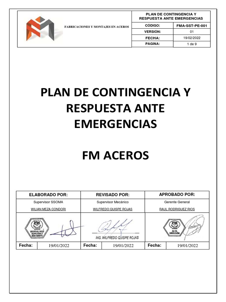 Fma Sst Pe 001 Plan De Contingencia Y Emergencias Pdf Peligros