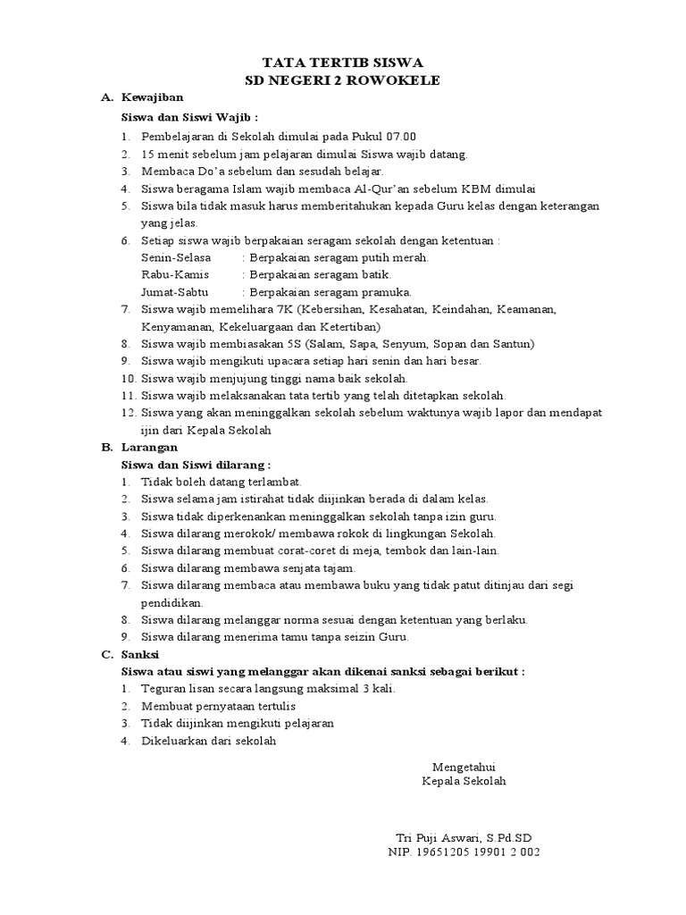 TATA TERTIB DAN SANKSI SISWA DI SD NEGERI 2 ROWOKELE | PDF TATA TERTIB DAN SANKSI SISWA DI SD NEGERI 2 ROWOKELE | PDF