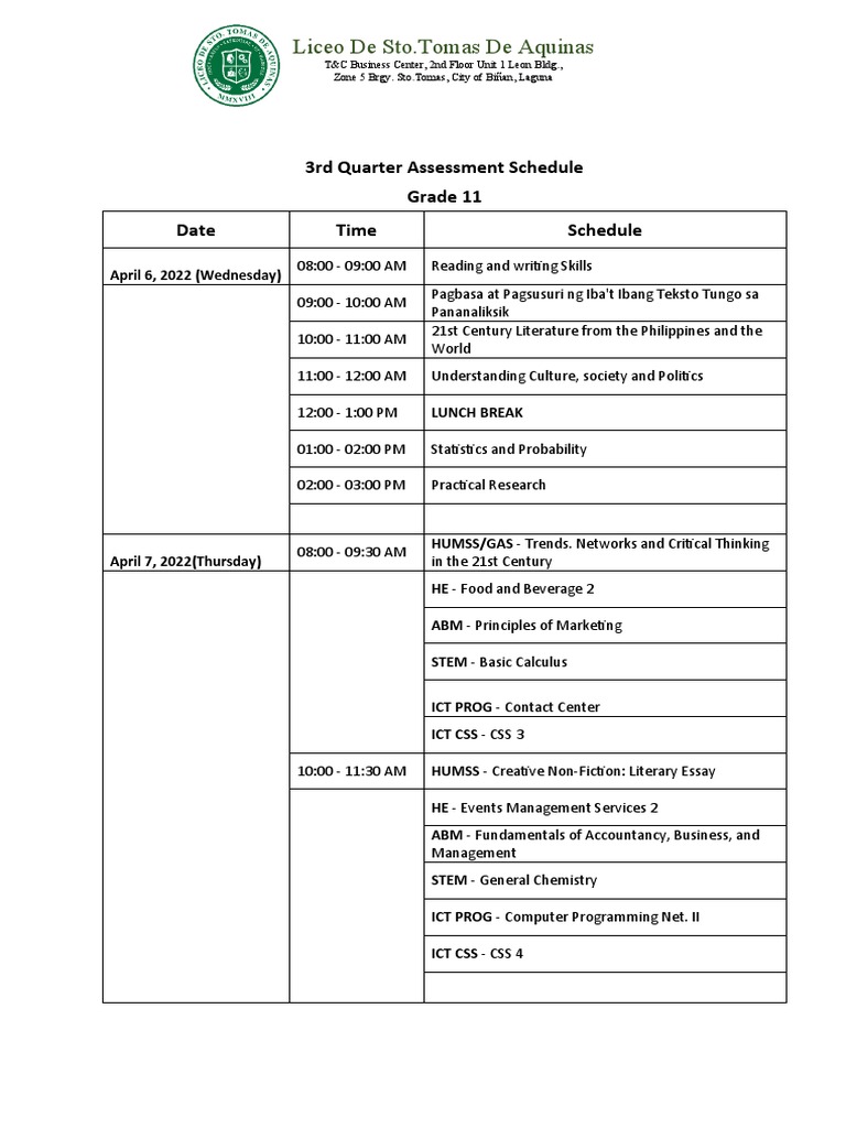 Grade 11-12 3rd Quarter Exam Schedule | PDF | Science, Technology ...