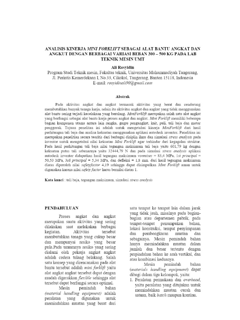 ANALISIS KINERJA MINI FORKLIFT SEBAGAI ALAT BANTU ANGKAT DAN ANGKUT ... ANALISIS KINERJA MINI FORKLIFT SEBAGAI ALAT BANTU ANGKAT DAN ANGKUT ...